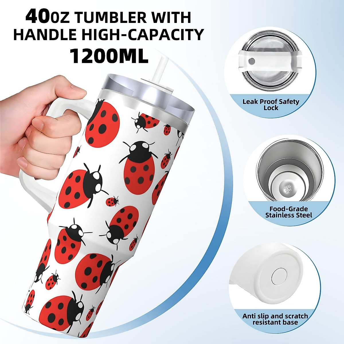 KrylDosxy Ladybugs 40 oz Tumbler with Handle and Straw - Insulated Stainless Steel Travel Mug for Hot and Cold, Office, Outdoor Activities