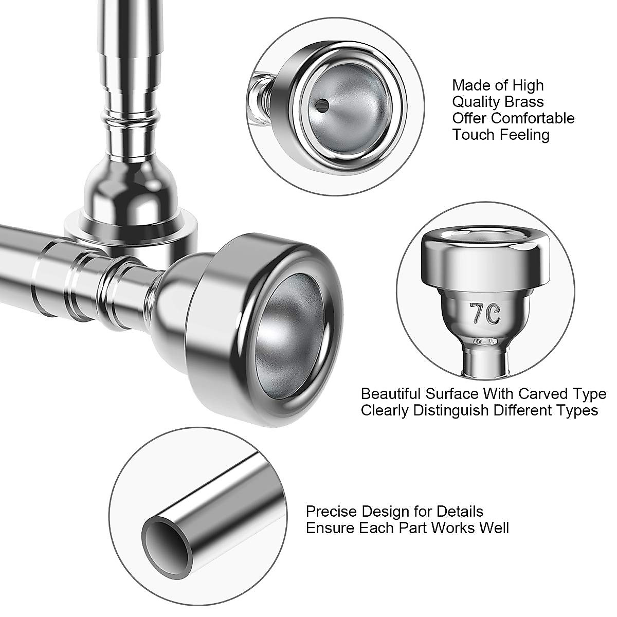 Silver Trumpet Mouthpiece 7C 5C 3C Trumpet Mouthpiece Set with Box Cleaning Cloth Compatible with Yamaha Bach Conn King Musical Instruments for Beginners and Professional Players 3Pack