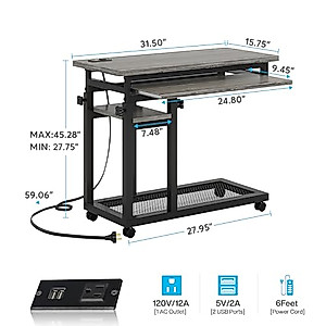 Tribesigns Small Portable Desk with Power Outlet, Height Adjustable Sofa Couch Bedside Laptop Table with Wheels, Mobile Standing Desk Rolling Computer Cart C Side Table with USB Ports