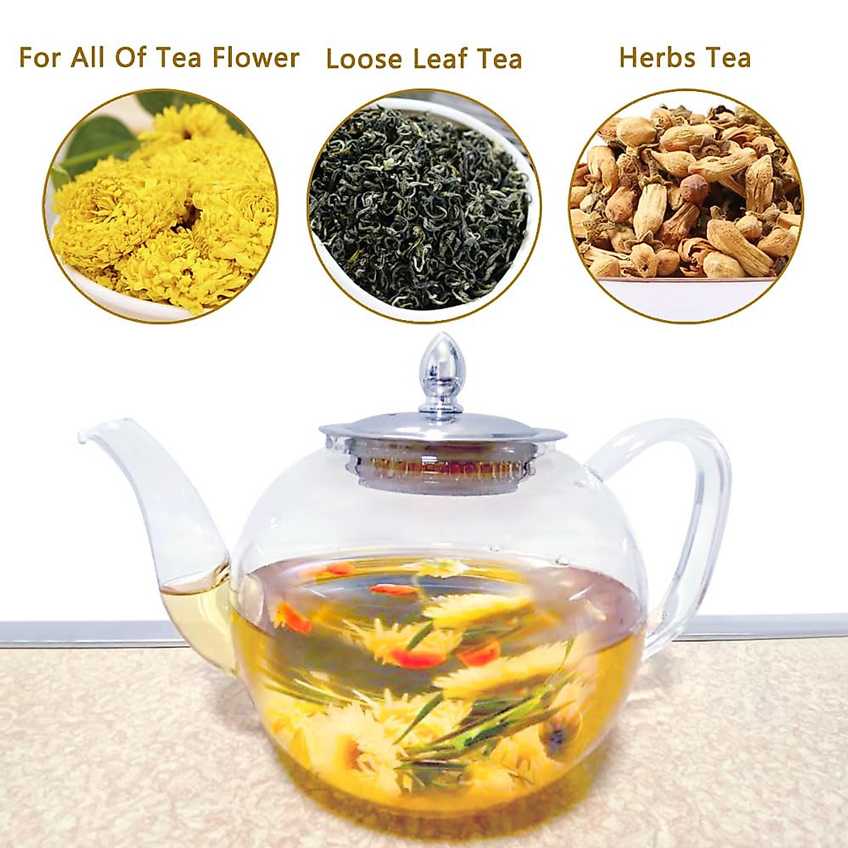 Jitejoe Glass Teapot 40oz,1200ml Glass Tea Kettle with Removable Infuser for Loose Leaf Tea,Thickened Glass Teapot with Infuser for Stove Top,Premium Tea Pot Microwave & Stovetop & Dishwasher Safe