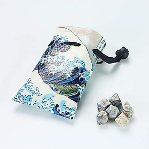 QIELIZI DND Dice Bag Pouch,PU Leather Dragon Dice Pouch Wih 7 Die Set Perfect for Dungeons and Dragons RPG D&D Dices, Coins and Accessories(Huge Wave)