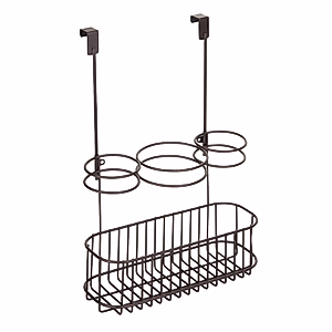 mDesign Steel Over Cabinet Door Hair Care, Hot Styling Tool Organizer Storage Basket for Hair Dryer, Flat Irons, Curling Wands, Straighteners, Space Saving, 3 Sections, Concerto Collection, Bronze