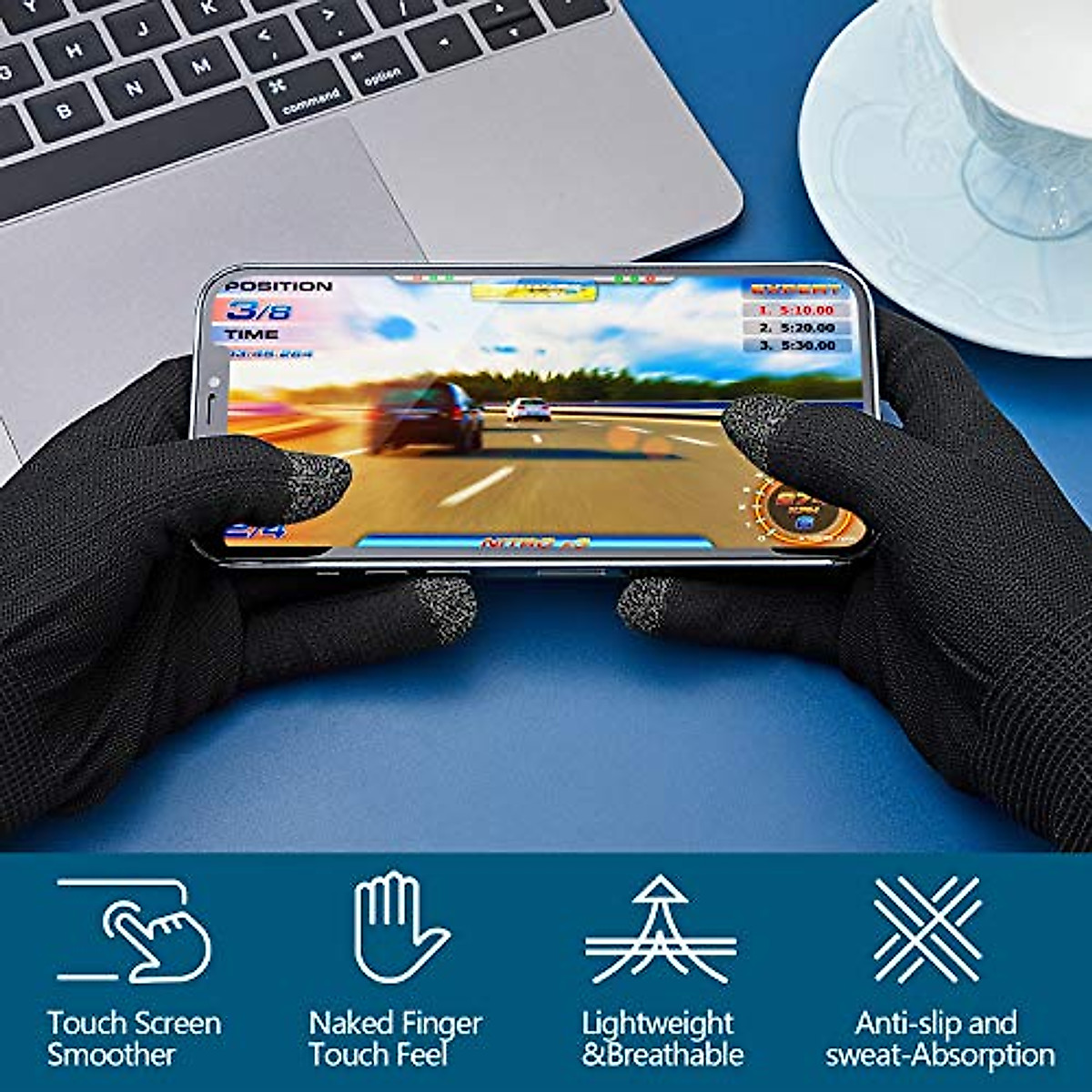 4 Pairs Game Gloves for Gaming Mobile Game Controllers Finger Gloves Set, Anti-Sweat Breathable Touch Finger Gloves Silver Fiber Material for Phone Games PUBG