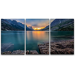 wall26-3 Piece Canvas Wall Art - Sunset at St Mary Lake, Glacier National Park, Mt - Modern Home Art Stretched and Framed Ready to Hang - 24"x36"x3 Panels