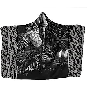 Viking 3D Printing Hooded Blanket Keeps Warm And Soft Odin Vegvisir Armor Unisex Winter Wearable Hooded Blanket Double Layer Thick Plush Wool Blanket Cloak ( Color : Blanket , Size : 50x60in/130x150cm