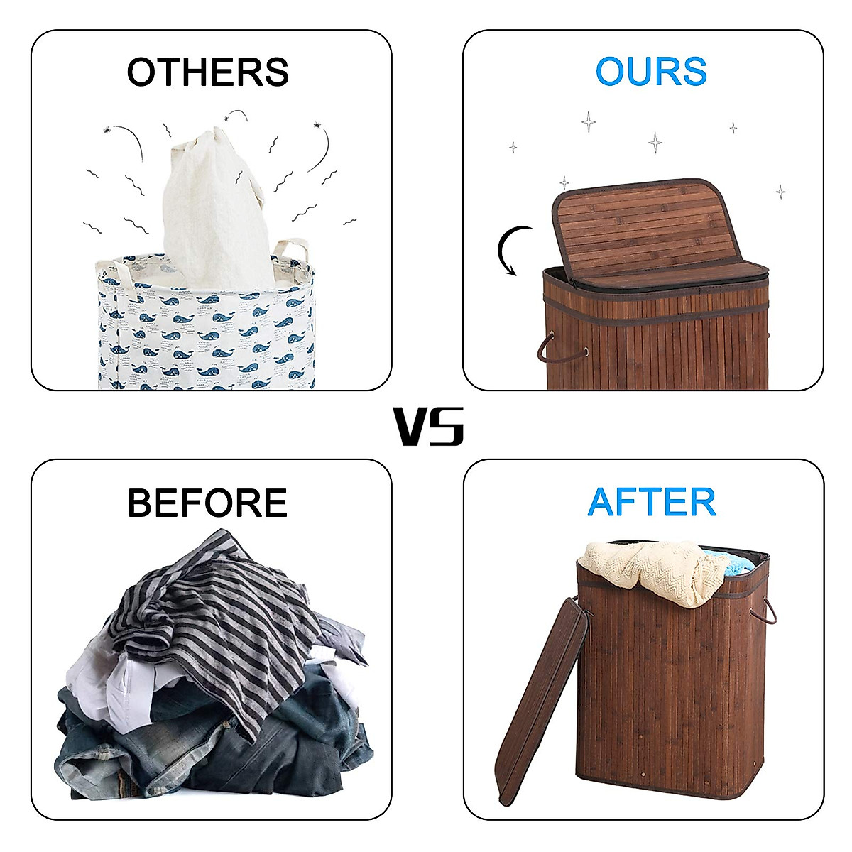 Sophia & William Laundry Hamper with Lid, 72L Bamboo Laundry Basket with Removable Liner, Collapsible Storage Dirty Clothes Basket with Handles for Laundry Bedroom, Dark Brown