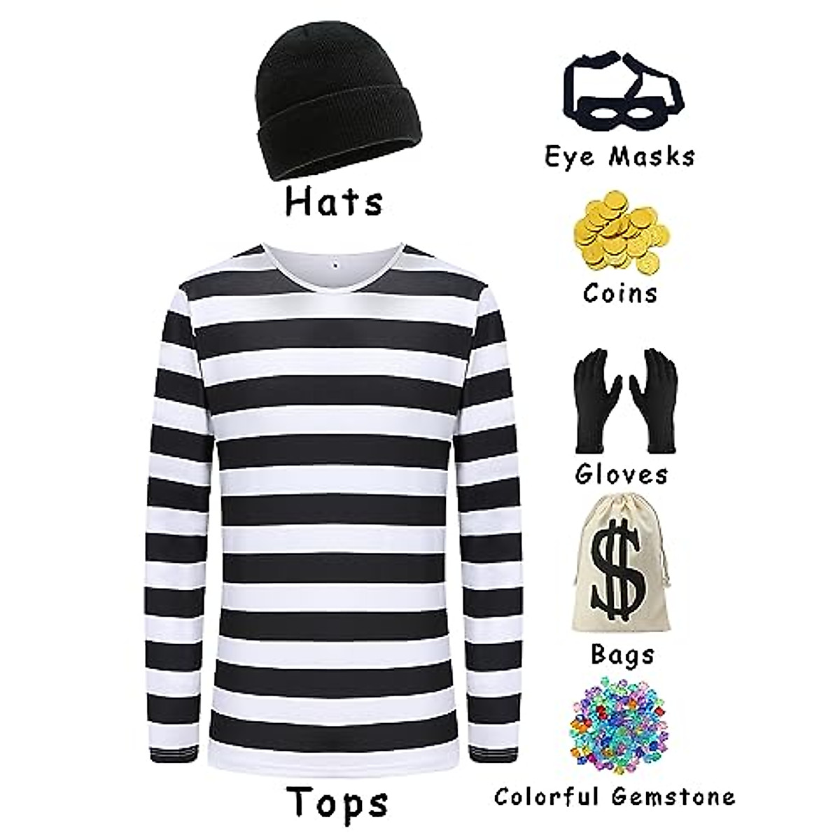 Adult Robber Costume Men Striped T-Shirt Bank Burglar Thief Cop and Robbers Cosplay Halloween Costumes with Accessories Hat Mask Canvas Money Bag Gloves Gem Gold Coin EN035M