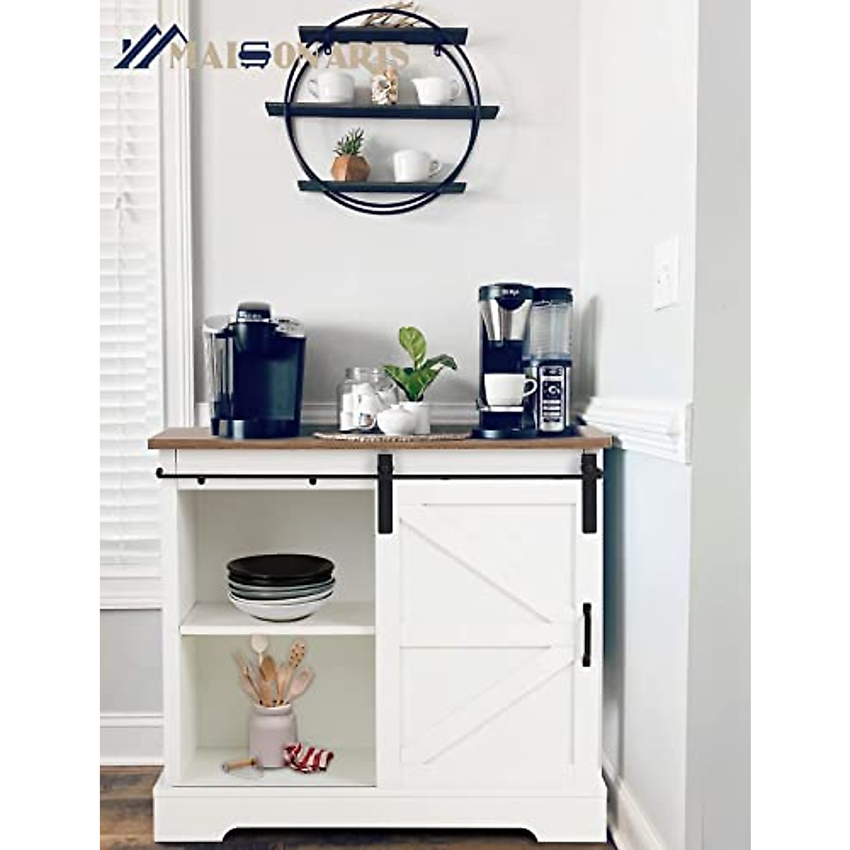MAISON ARTS Farmhouse Coffee Bar Cabinet Buffet & Sideboard Kitchen Storage Cabinet Cupboard with Sliding Door for Kitchen Dining Living Room, Oak + Ivory