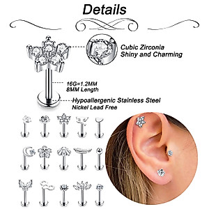 NICEIGHT 15PCS 16G 316L Stainless Steel Cartilage Earring Stud Internal Thread CZ Flower Moon Labret Studs Tragus Helix Monroe Piercing Jewelry Silver