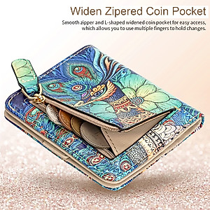 APHISON Womens Wallet, Slim Small Wallet for Women RFID Wallet Women Cartoon Microfiber Leather with ID Credit Card Holder Zipper Coin Pocket Bifold Compact Wallet Peacock