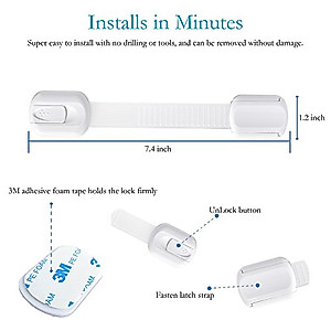 Baby Safety Locks | Child Proof Cabinet, Drawer, Appliances, Toilet Seat, Fridge and Oven & More | No Tools or Driling Required | Use 3M adhesive with Adjustable Strap and Latch System - 6 Pack, White