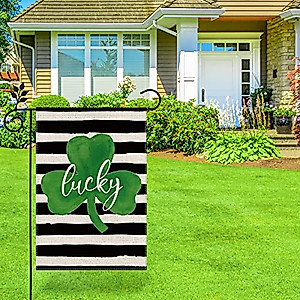 AnyDesign St. Patrick's Day Garden Flag Double-Sided Lucky Shamrock Yard Flag Rustic White Black Stripe Farmhouse Shamrock Outdoor Decoration for Irish Holiday, 12.5 x 18 Inch