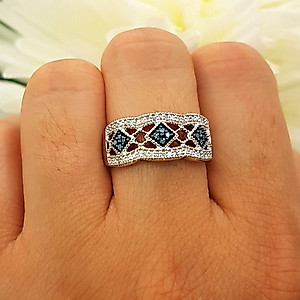 Dazzlingrock Collection 0.35 Carat (ctw) Sterling Silver Round Blue & White Diamond Vintage Wedding Band 1/3 CT, Size 5.5