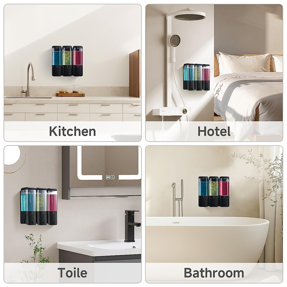 GlintGath Shower Dispenser 3 Chamber No Drill Wall Mounted Shampoo Conditioner Body Wash Dispenser, Large Capacity 1500ML, Black