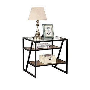 Black Side Table End with Storage Shelf Tempered Glass Coffee Metal Frame for Living Room Modern Contemporary Rectangular MDF Includes Hardware