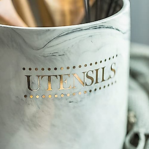 LYEOBOH Kitchen Utensil Holder Large Utensil Holder for Countertop, Modern Ceramic Cooking Utensil Crock Heavy Spatula Holder, 6.7 Inches Gray Marble Utensils Organizer for Home Decor