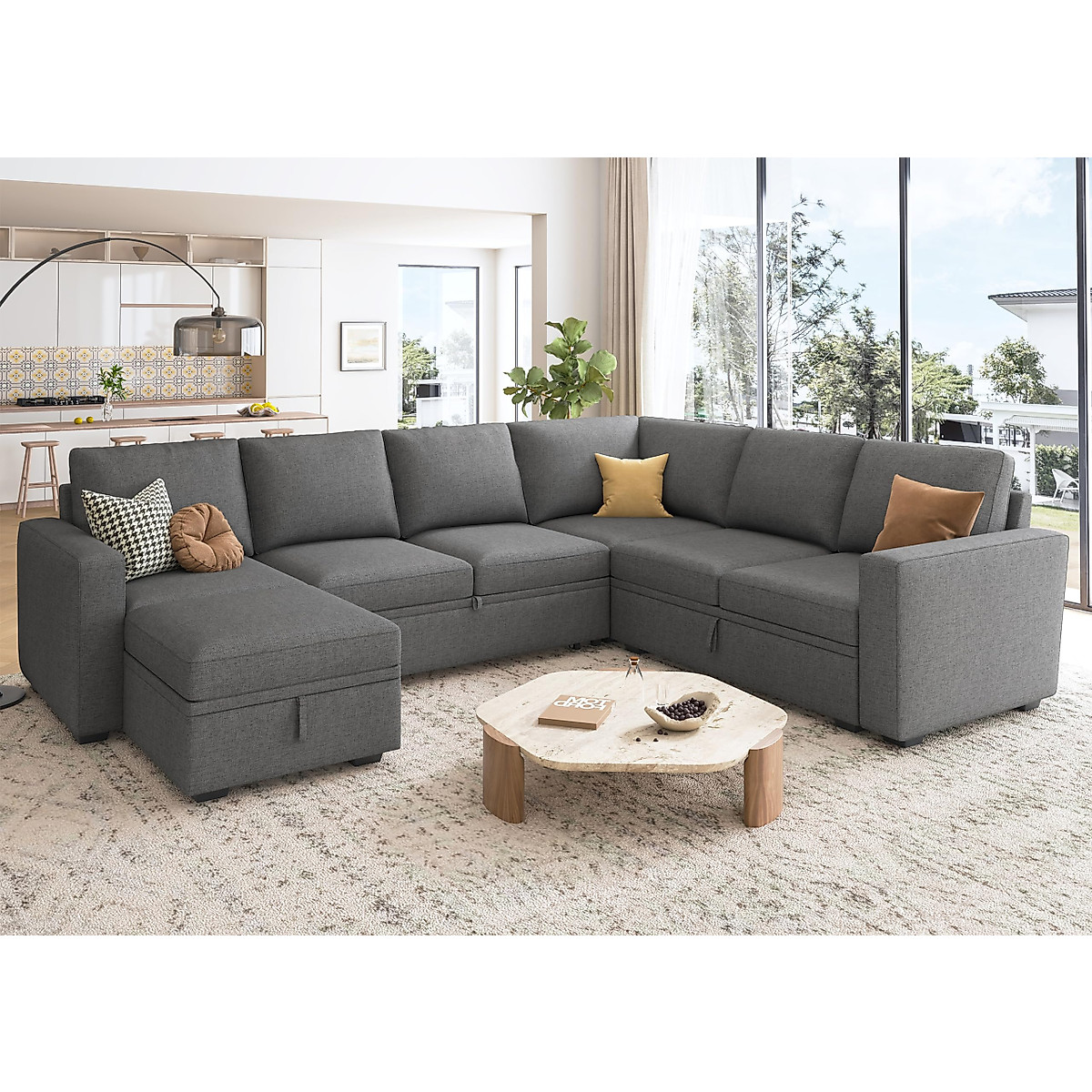 HONBAY Modular Sectional Sleeper Sofa with Pull Out Bed, U Shaped Sectional Couch with Storage Ottoman Convertible 7-Seater Sofa, Dark Grey