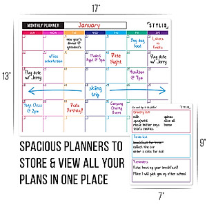 STYLIO Dry Erase Calendar Whiteboard. Set of 3 Magnetic Calendars for Fridge: Monthly, Weekly Organizer & Daily Notepad. Refrigerator & Wall Family Calendar. 4 Fine Point Markers & Eraser Included
