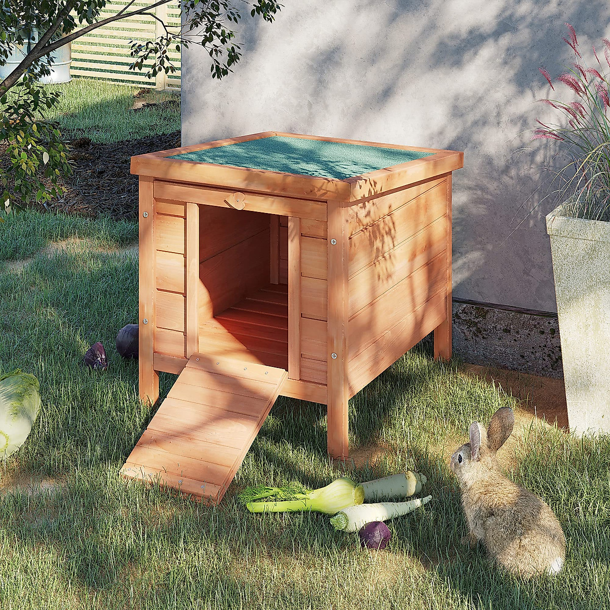 PawHut Small Wooden Rabbit Hutch Bunny Cage Guinea Pig Cage Duck House Dog House with Openable & Waterproof Roof, Natural