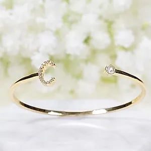 beya LUX Gold Bangle Bracelets for Women – Gold Initial Bracelet with Letter Charm – 18K Gold Plated Bracelets for Women – Chic and Dainty with Cubic Zirconia Stones - Letter C