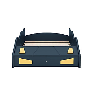 Harper & Bright Designs Twin Size Car-Shaped Platform Bed with Storage and Wheels, Kids Twin Bed Montessori Bed Wood Frame, Slats Included, No Box Spring Needed (Dark Blue+Yellow)