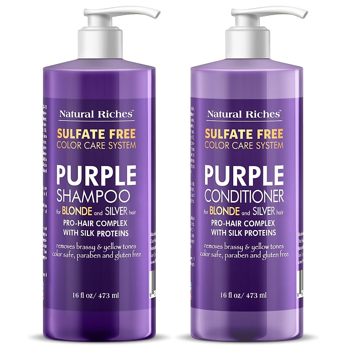 Natural Riches Purple Shampoo and Conditioner Set Sulfate Free Salon Grade for Silver Blonde Platinum Hair. Removes Yellow & Brass tones. Grey Highlighted Hair 16x2 fl oz