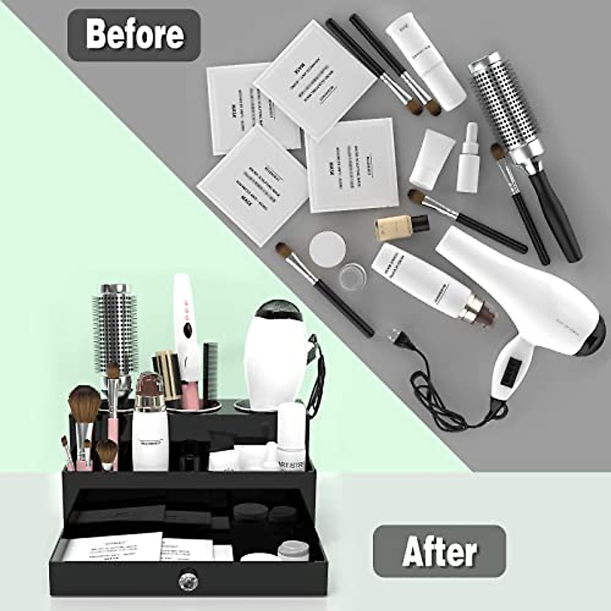 Hair Tool Organizer, ILYXY Acrylic Hair Dryer Holder with Large Space Drawer, Hair Organizer Storage with 3 Stainless Steel Cups, Shiny Black Hot Tools Organizer Vanity Caddy Storage