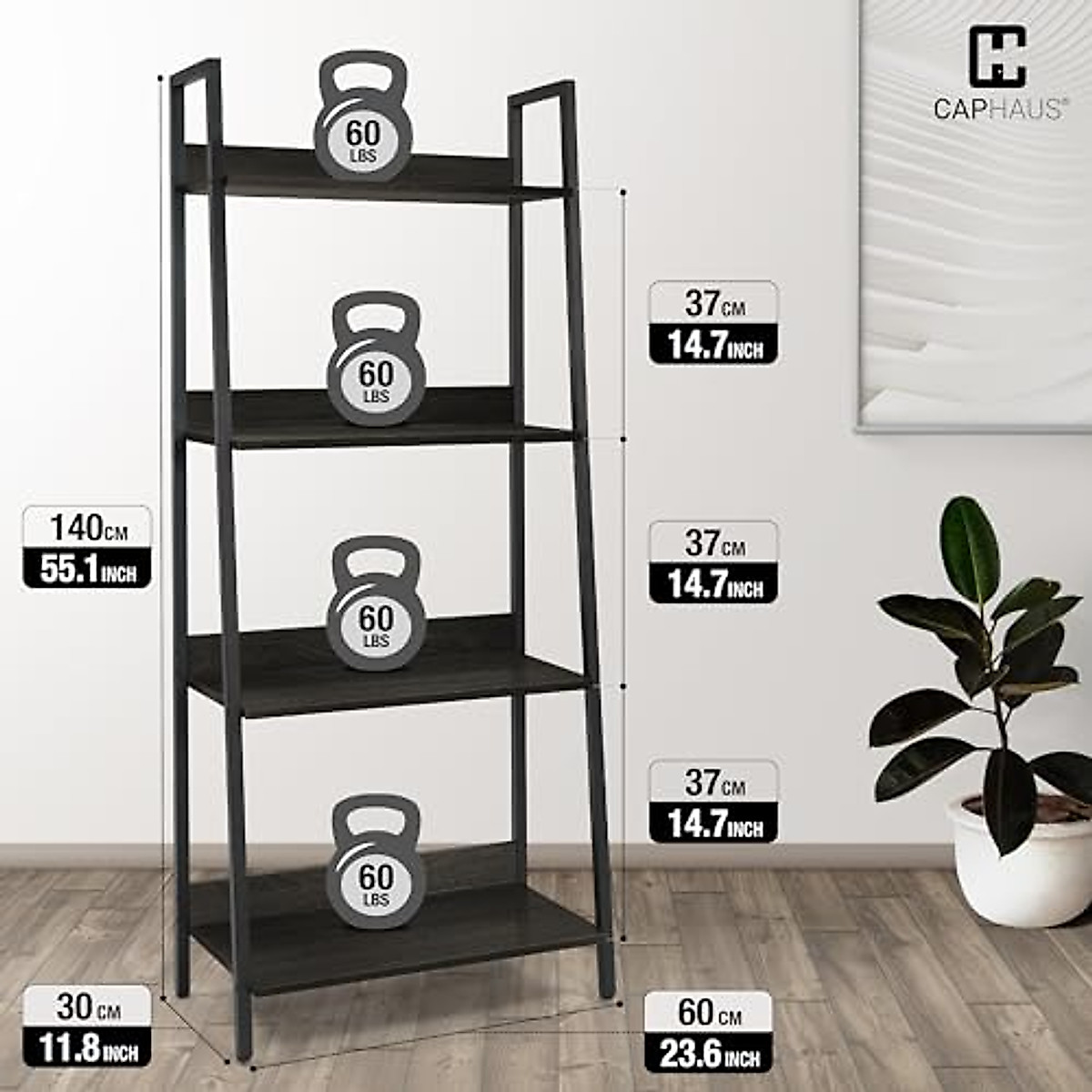 CAPHAUS 4 Tier Ladder Bookshelf, 24 Inch Width Free Standing Shelf, Bookcase Shelf Storage Rack Organizer, Industrial Book Shelves for Home Office, Living Room, Kitchen, Black Wooden Shelves