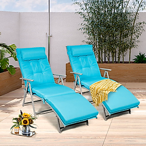 Giantex Chaise Lounge Chair for Outside, Pool Folding Reclining Beach Chair W/Removable Cushion&Headrest Pillow, Outdoor Lounge Chaise w/ 7 Backrest Positions, Portable Patio Lounger (1, Turquoise)