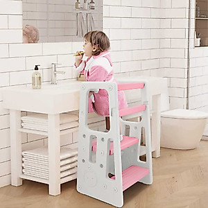 Nursery Kitchen Step Stool w/ 3 Adjustable Heights Toddler Standing Tower Kids Learning Stool w/Double Safety Rails & Non-Slip Foot Pads Cooking Stool Stand Helper Bathroom Counter Footstool (Pink)