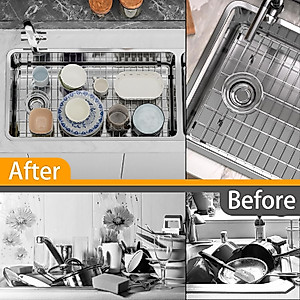 Large Metal Sink Protector for Kitchen Sink,Stainless Steel Sink Bottom Rack 28.8" X 14.8",Kitchen Sink Grate with Side Drain Hole, Kitchen Sink Grid with Strainer for Single Bowl