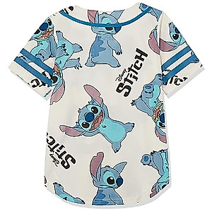 Disney Little Girls Lilo & Stitch and Angel Baseball Jersey-Classic Mesh Button Down Shirt, Ivory