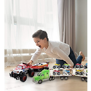 Mozlly Bundle of Friction Powered Hauler ATVs or Monster Trucks Car Carrier Playset & Monster Truck with Speed Boat Trailer Transport Toys - Push & Go