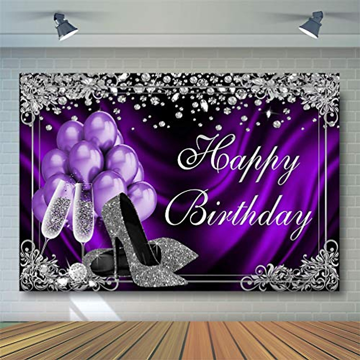 Avezano Silver Purple Birthday Photography Backdrops 7x5ft Purple Balloons Silver High Heels Champagne Diamond Adult Women Birthday Party Banner Decoration for Photo Booth Photoshoot Background