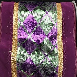 The Ribbon People Sparkling Velvet Argyle Purple, Green and Gold Wired Craft Ribbon 6" x 10 Yards