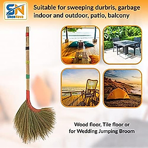 SN SKENNOVA - 40-inch Tall of Thai Grass Broom Asian Straw Broom Whisk Broom House Broom Handmade for Sweeoing wth Multi Color Handle on random