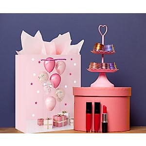 LUCKY AID 13” Birthday Gift Bag with Handle and Tissue Paper, Gift Bag for Boys, Girls, Women and Men’s Birthday Party, Baby Shower, Christmas Party Supplies (Pink)