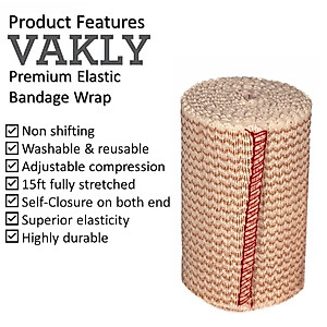 Elastic Bandage Wrap with Self-Closure [Pack of 3] Comfort Athletic Compression Roll, 5 Yards Stretched for Customized Compression on Knee, Ankle, Wrist - Plus a Vakly First Aid Kit Guide (3 INCH)
