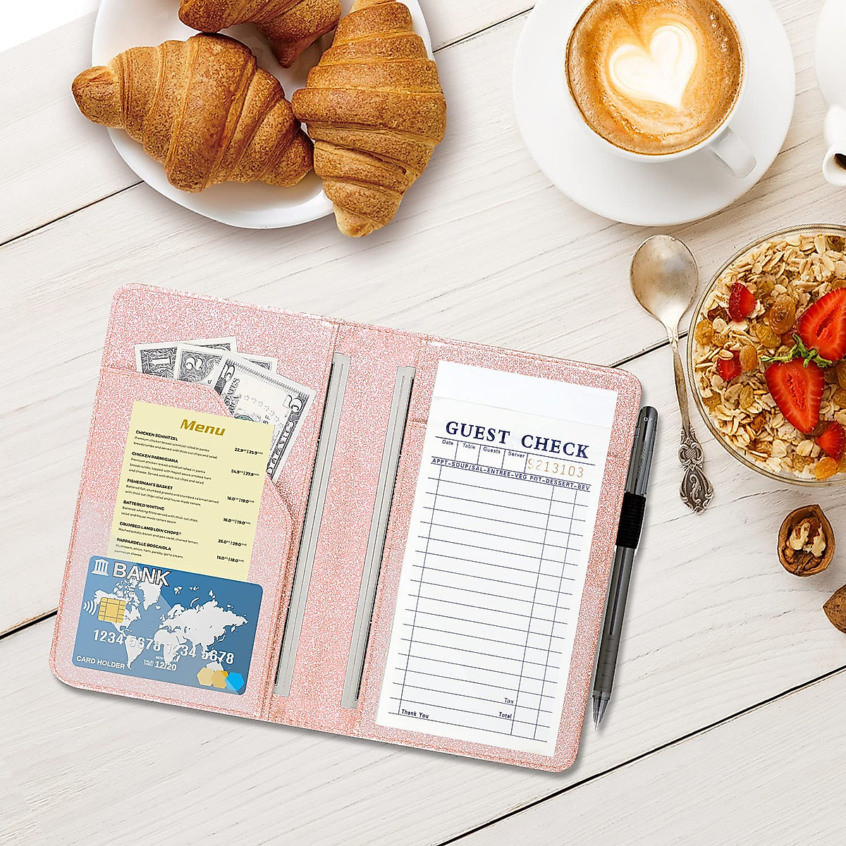 ACdream Server Books for Waitress, Guest Book Note Pad, Cute Pocket Leather Money Organizer Wallet, Cash Check Bill Receipt Holder Presenter, Waiter Accessories Fit Server Apron- Glitter Rose