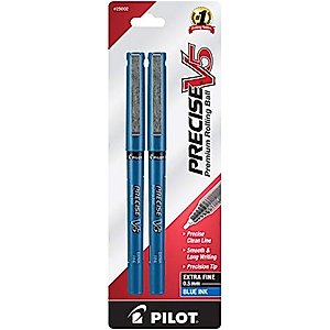 PILOT Precise V5 Stick Liquid Ink Rolling Ball Stick Pens, Extra Fine Point (0.5mm) Blue Ink, 2-Pack (25002)