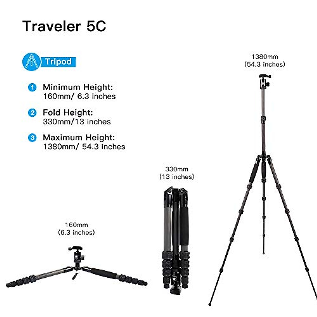 SIRUI Carbon Fiber Travel 5C Tripod 54.3 inches Lightweight Portable Camera Tripod with Ball Head and Arca Swiss Plate Load Capacity Up to 4kg