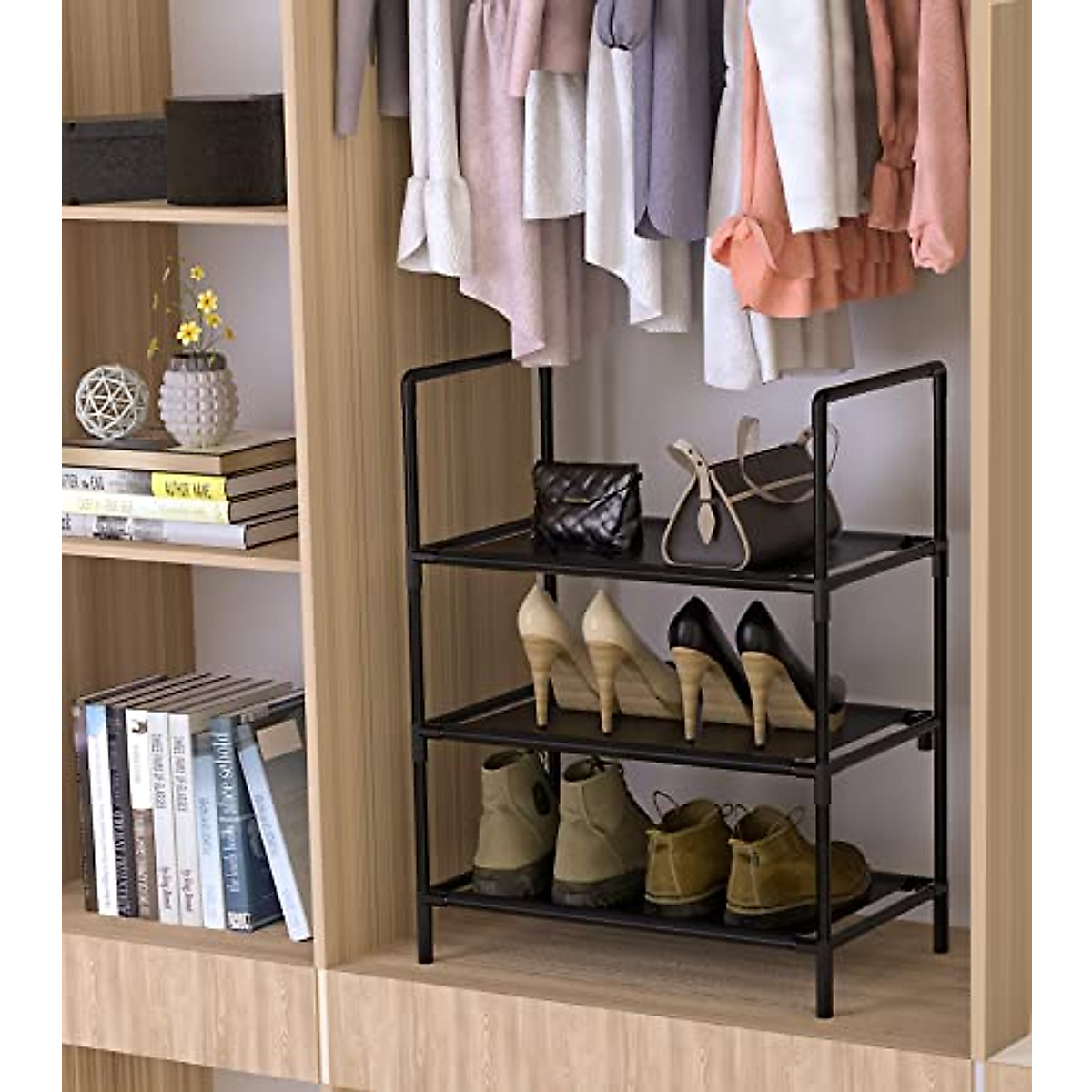 AwadeWhy Shoe Rack 3 Tiers, Narrow Shoe Rack, 3 Tier Shoe Organizer, Sturdy Black Metal Non-woven Expandable Rack, Small Shoe Rack for Storage Kids Men Entryway Closet Bedroom