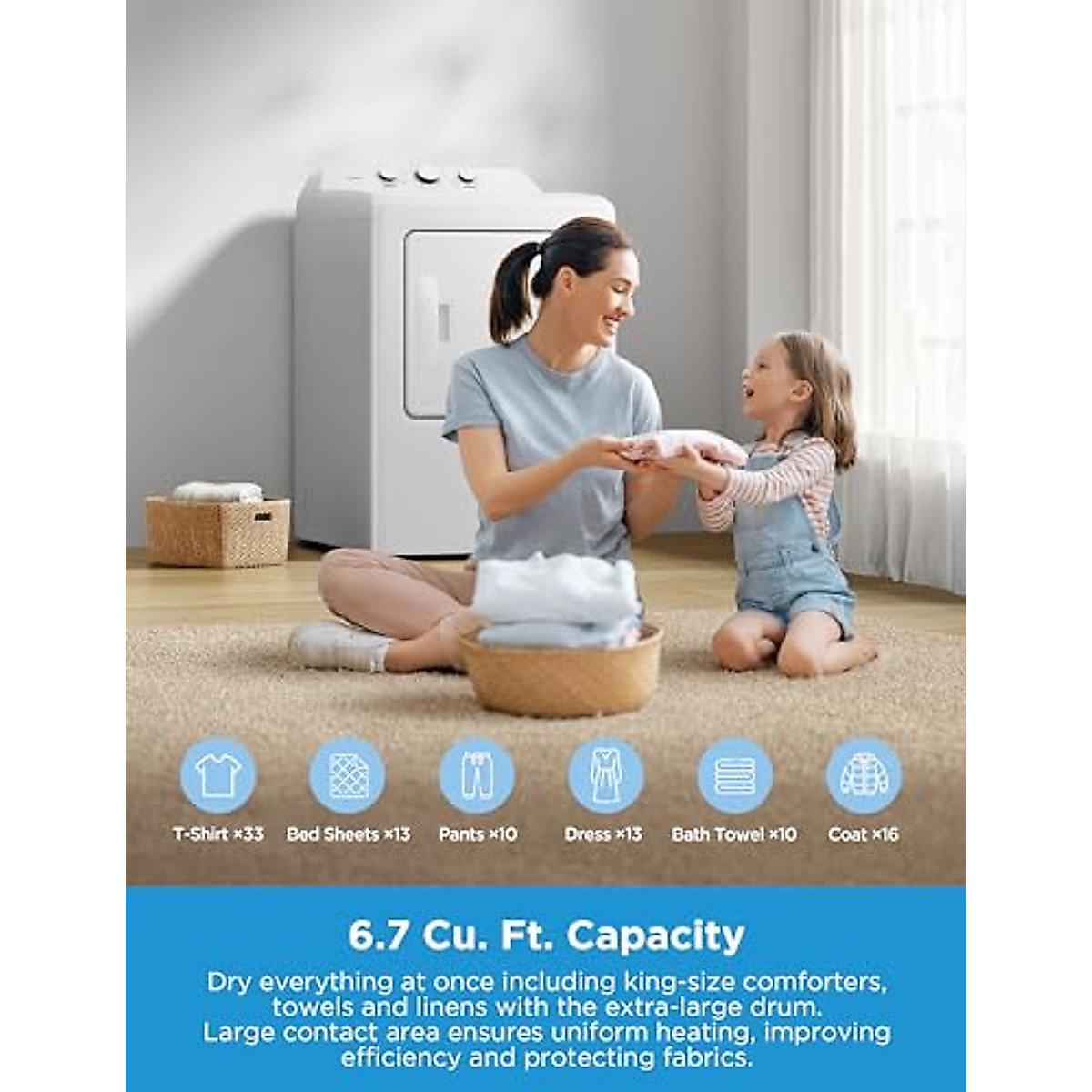 Midea MLTE37N1BWW Electric Dryer, Sensor Dry, Wrinkle Care, Air Fluff, Easy-Using Control Panel, 12 Total Cycles, 6.7 Cu.ft, White