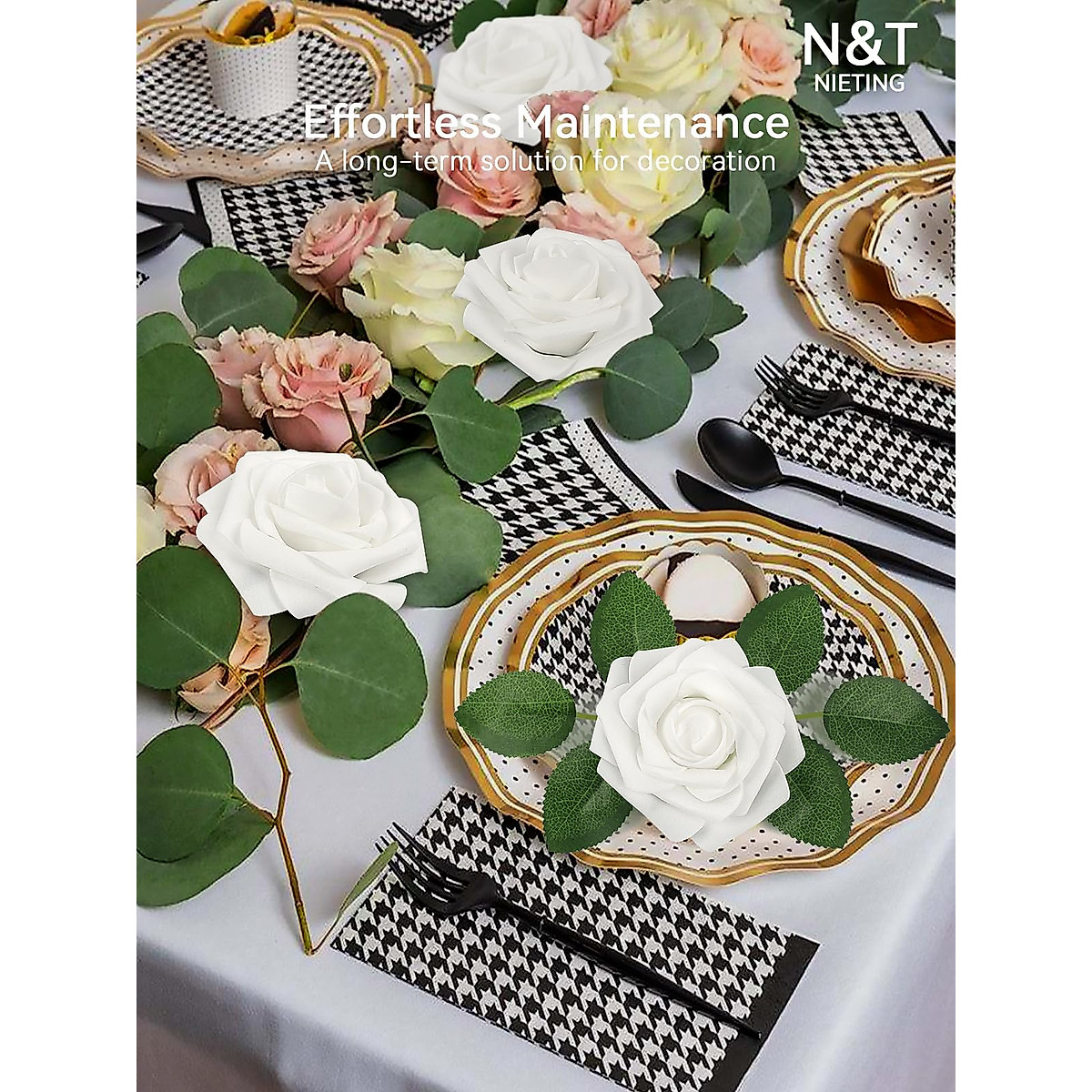 N&T NIETING Artificial Flowers, 25pcs Fake Flowers White Rose Perfect for DIY Wedding Bridesmaid Bridal Bouquets Centerpieces Home Flower Arrangement Decoration