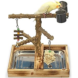 LIMIO Natural Wood Bird Toys Playground, Bird Cage Accessories, Bird Perches, with Removable Tray and 2 Stainless Steel Cups