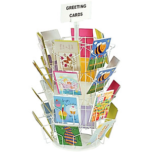 Greeting Card Rack with Twenty-Four 5 x 7 Pockets for Countertop Use, 29 Inch Tall Four - Tier Hexagon Wire Display Stand - White Wire with Plastic Base and Sign Holder
