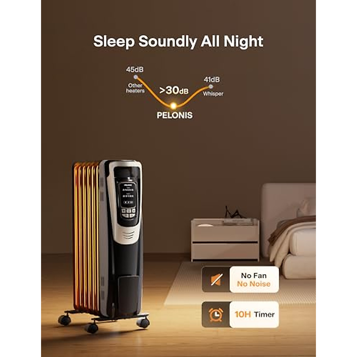 PELONIS Champagne Oil Filled Radiator Heater with Remote and Thermostat, 5 Temperature Settings for indoor use Large Room, Energy Efficient Electric Space heater with Safety Features