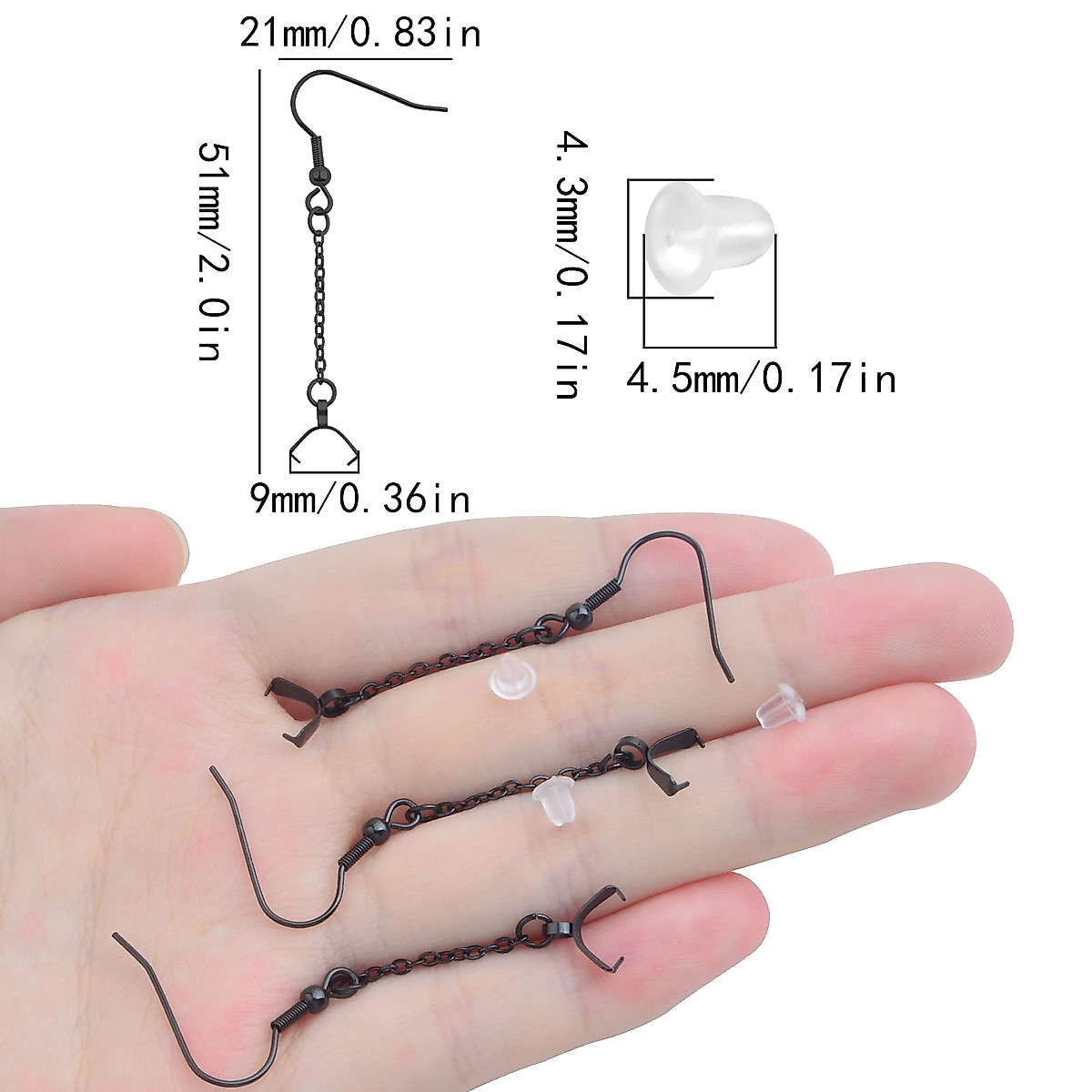 20pcs Stainless Steel French Earring Hooks Hypoallergenic Earring Fish Hooks with Beaded Chains Pinch Bail Clasps and 20pcs Clear Earring Backs for DIY Crafts Jewelry Making, Black