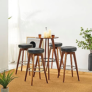 Glitzhome Swivel Bar Stools Set of 4, Round Backless Leather Padded Seat and Veneer Walnut Composite Wood Legs Finish Modern Accent Chair for Home Kitchen Island, Balck