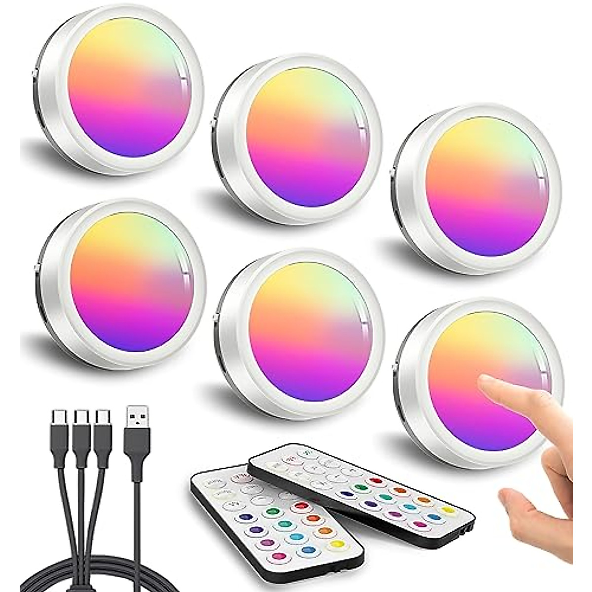Rechargeable Color Changing Puck Lights, 1600mAh Battery Powered Tap Light with Remote Magnetic Push lights Stick On Closet Lights Wireless LED USB Shelf Light RGB Under Cabinet Touch Lights Classroom